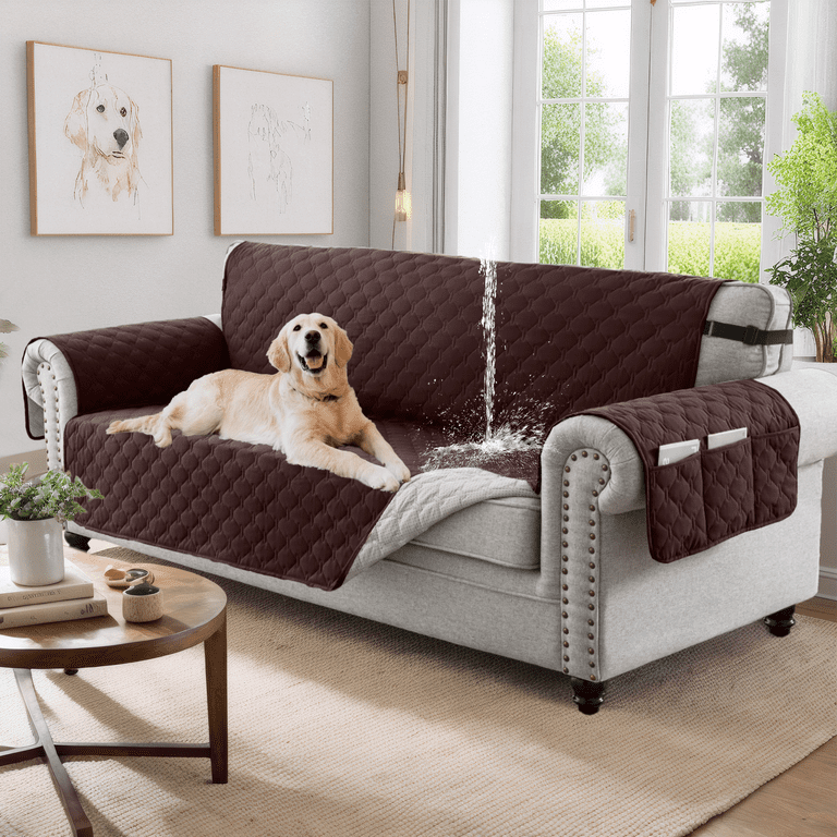 Sanmadrola 100 Waterproof Couch Covers Non Slip Sofa Cover with Elastic Straps Silicone Backing Pocket Washable Furniture Protector Slipcovers for