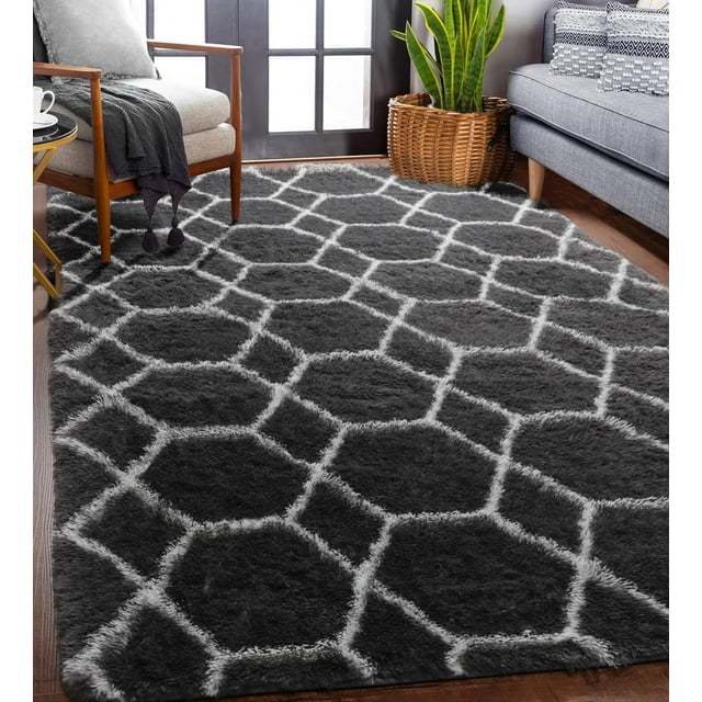 Sanmadrola 6.5'X8.2' Fluffy Shag Area Rug, Black, for Living Room ...