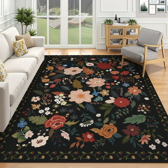 COZONY Washable Area Rug, Low Pile Farmhouse Floral Non-Slip Vintage ...