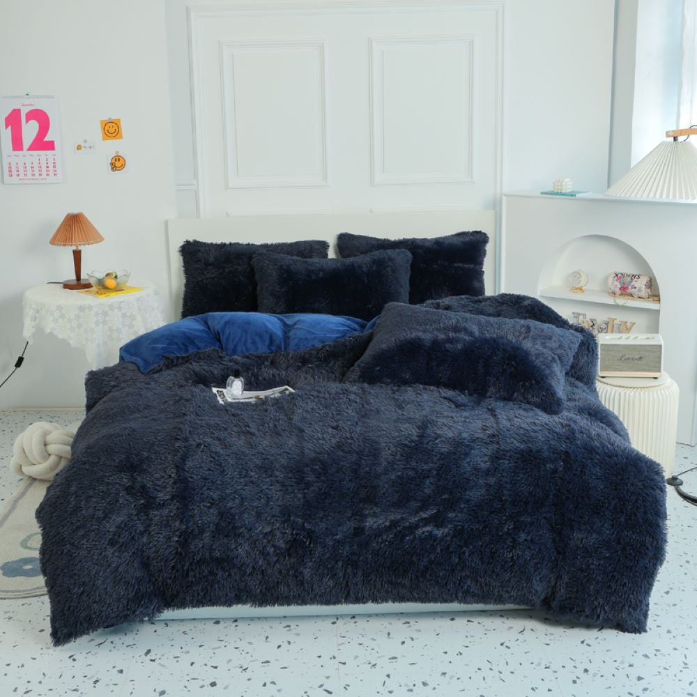 Sanmadrola Furry Queen Size Bedding Set - Shaggy Plush Faux Fur Duvet ...