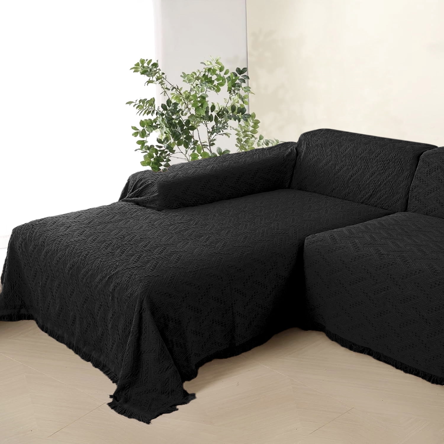 SANMADROLA Corner Sofa Cover, Geometrical Jacquard Fabric with Tassel ...
