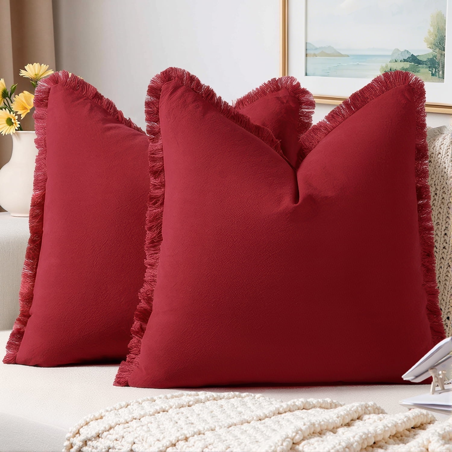 Sanmadrola Throw Pillow Covers Decorative Linen Fringe Throw Pillow ...