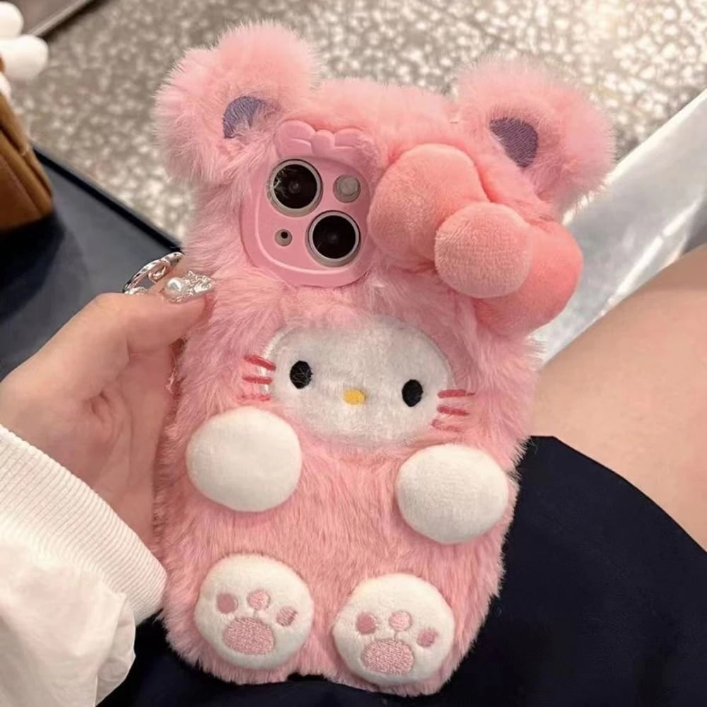 Sanrio Cartoon Pink Fall Winter Plush Cute Plush Phone Case For iPhone ...