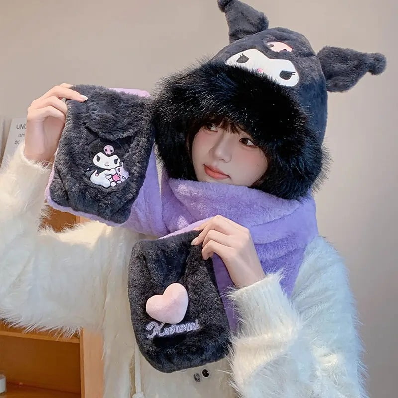 Sanrio Cartoon Women's Kuromi Plush Hat Scarf Gloves Three-In-One ...