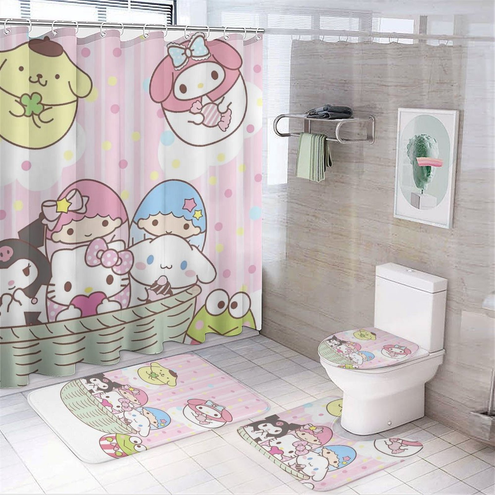 Sanrio Characters Kitty Kuromi Bathroom Set - 4 Piece Shower Curtain ...