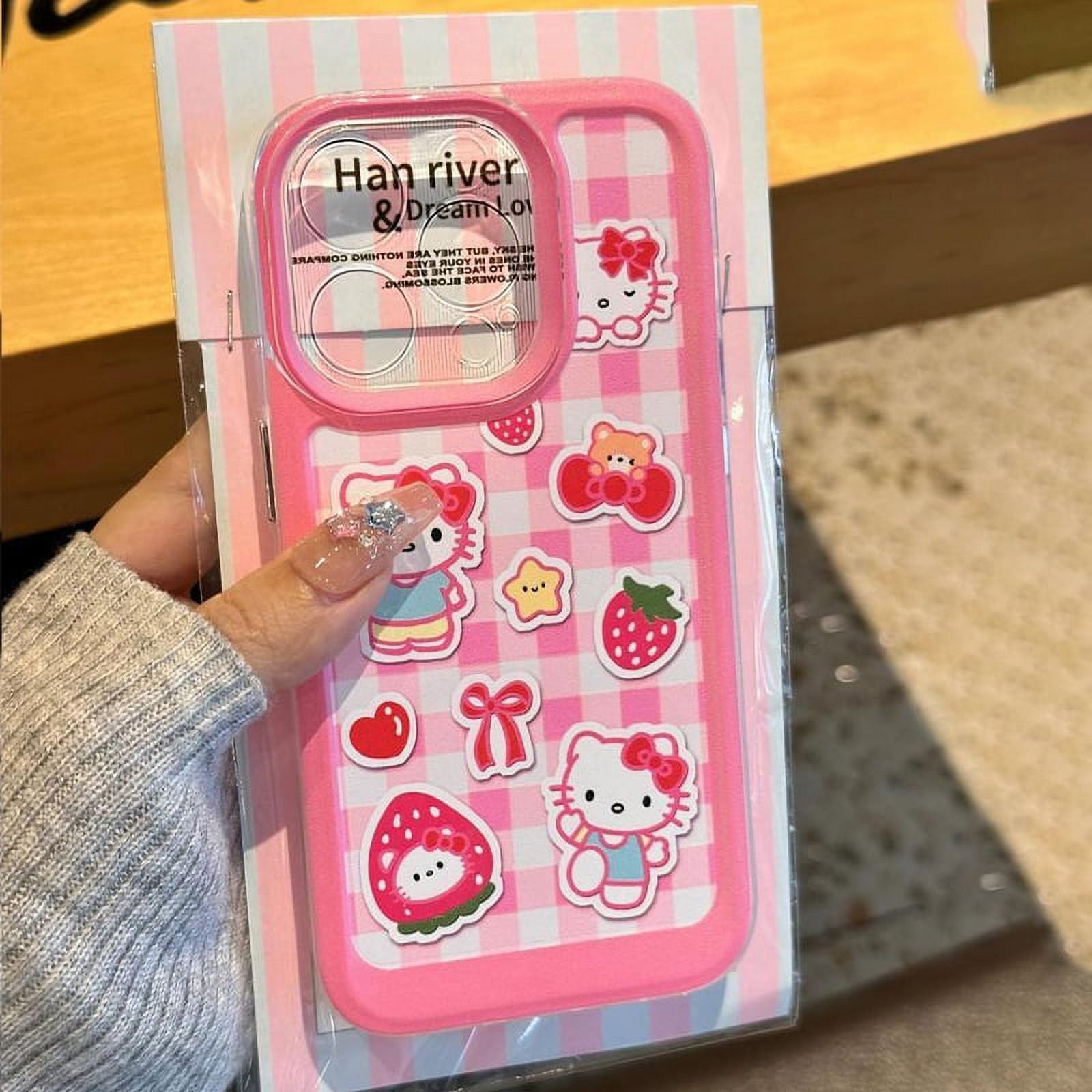 Sanrio Cute Checkered Strawberry Kitty Pink KT Cat For iPhone 15 14 13 12 11 X XR XS MAX 8 7 6 ...