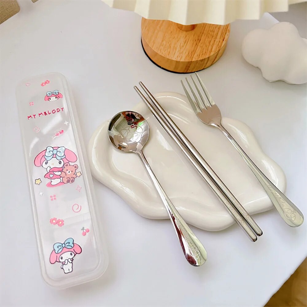 Sanrio Cutlery Set Mymelody Kuromi Kawaii Spoon Fork Chopstick ...