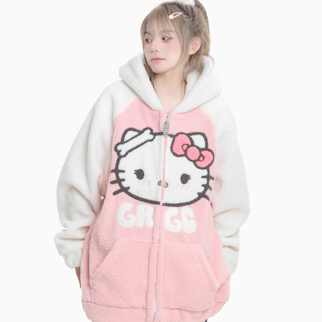 Sanrio Embroidery Hello Kitty Plush Jacket Hooded For Women Autumn ...