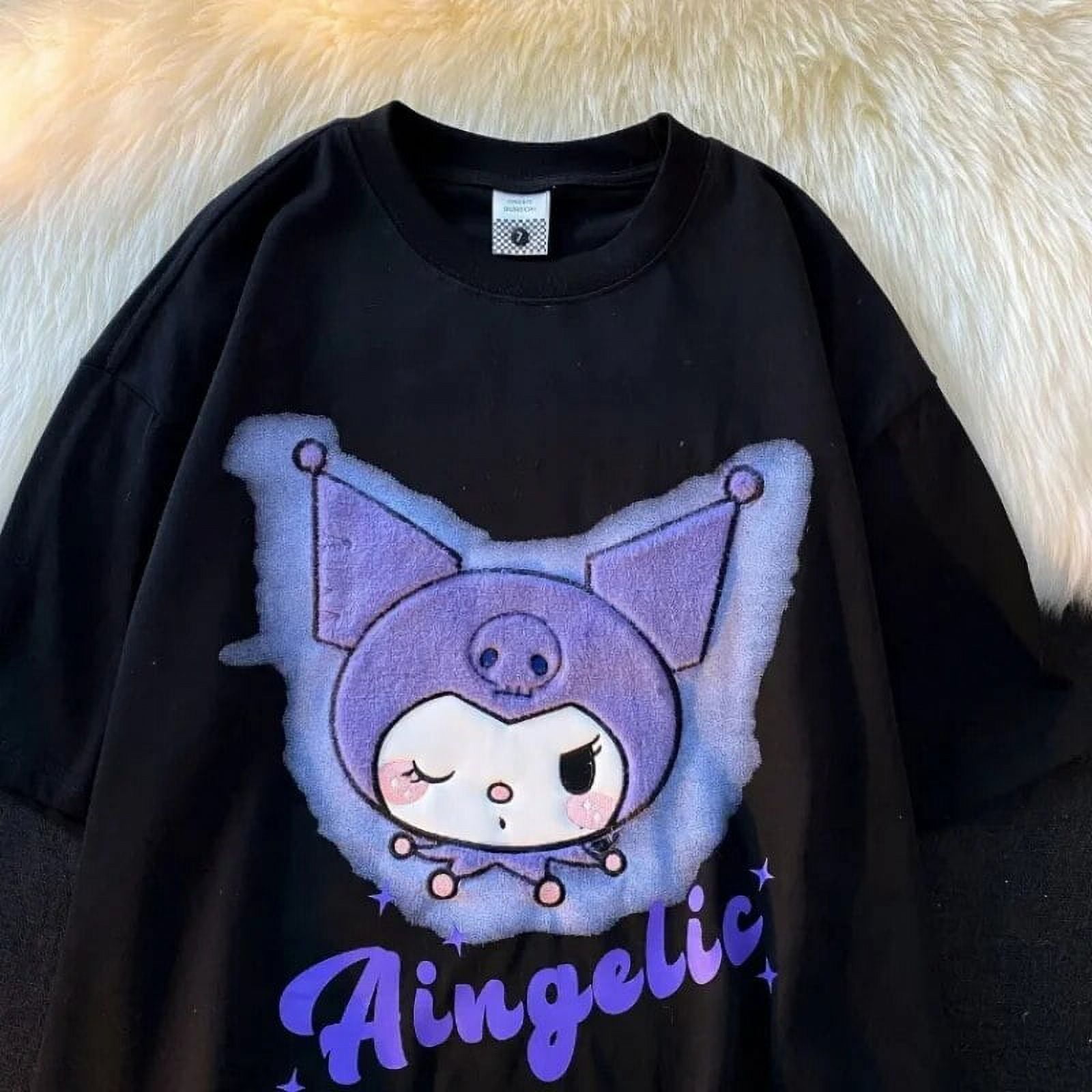 Sanrio Gothic Small Wings Flocking Embroider T-shirt Kuromi Womens ...