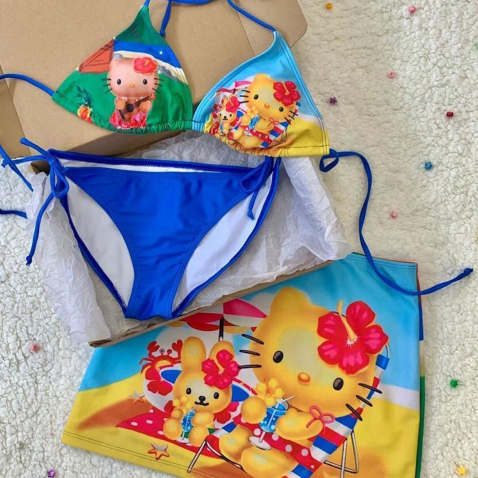 Sanrio Hawaiian Black Skin Hello Kitty 3 Pcs Bikinis Set Y2k Swimsuit Women's Fashion Cartoon ...
