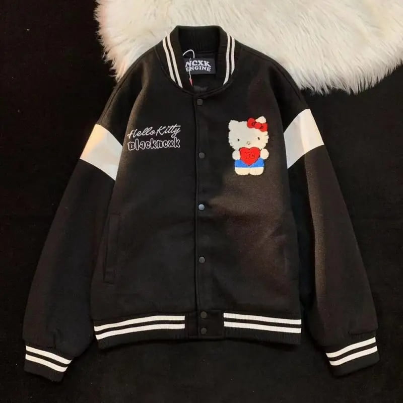 Sanrio Hello Kitty Baseball Uniform Girl Kawaii Flocking Embroidery Kt ...