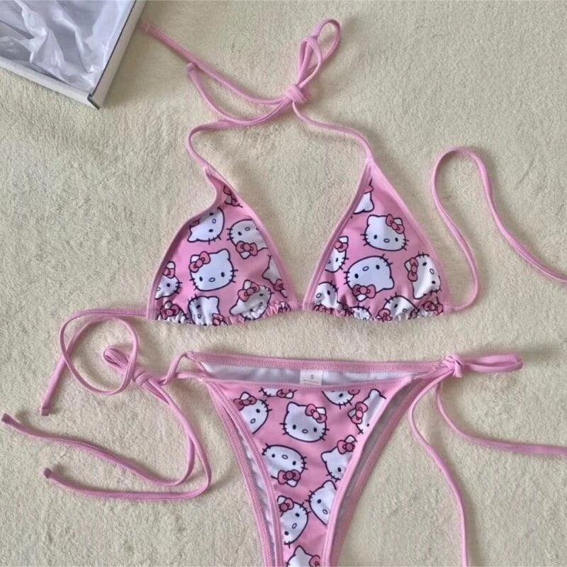 Sanrio Hello Kitty Bikini Set Kawaii Women Summer Swimsuit Two Pieces ...