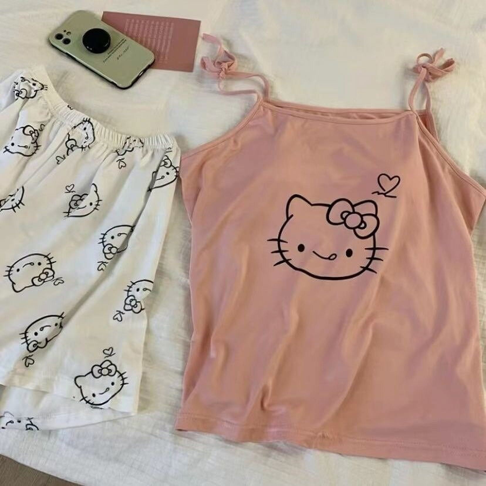 Sanrio Hello Kitty Cartoon Printed Women Pajamas Sets Y2k Summer Sweet ...