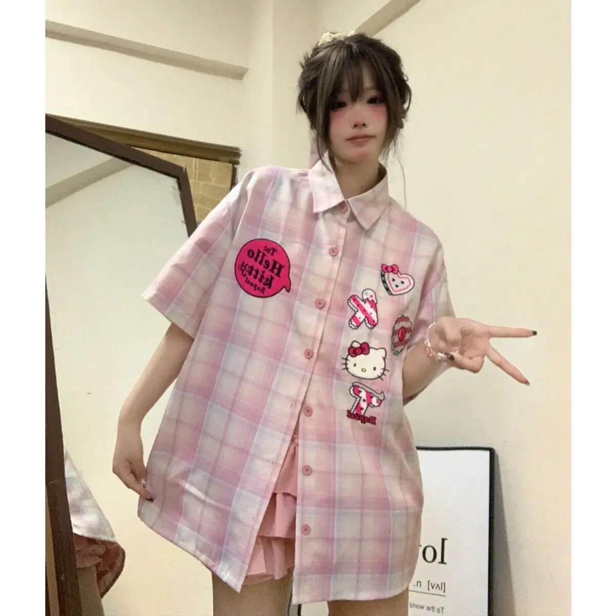 Sanrio Hello Kitty Cinnamoroll New Asethetic Plaid Polo Shirts Women ...