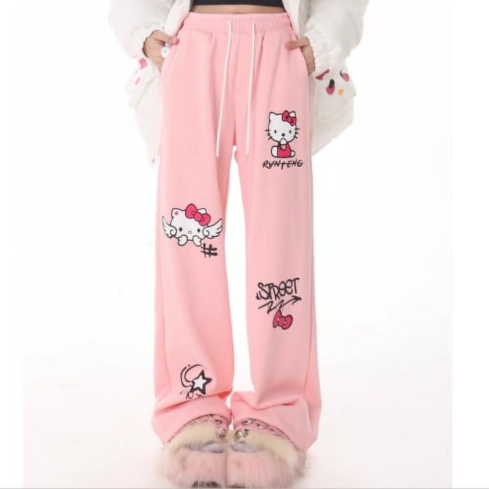 Sanrio Hello Kitty Cute Print Pink Pants Women Fashion Loose Straight ...