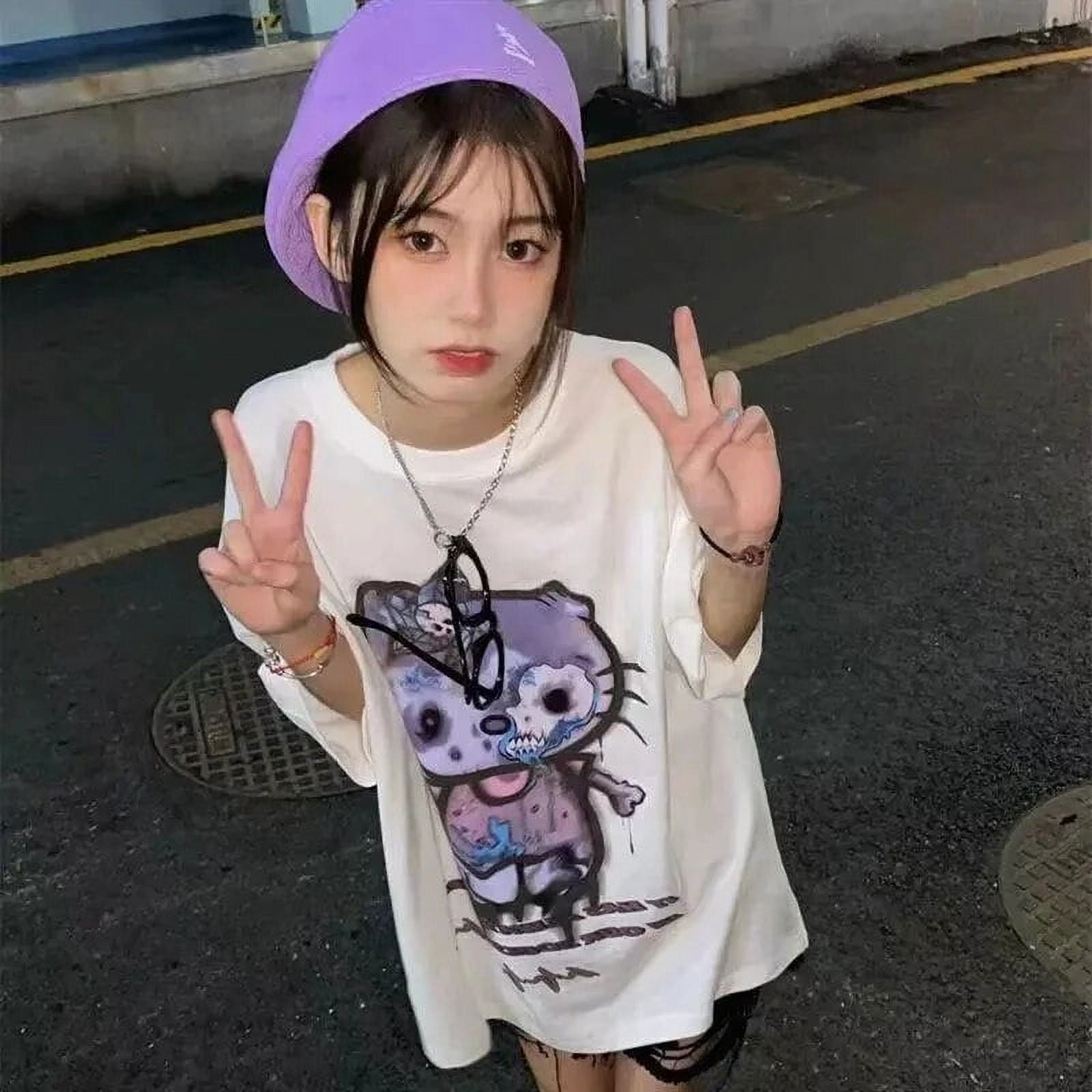 Sanrio Hello Kitty Magic Design Black Top Bone Print Short Sleeve Tee Oversized T-shirt Women ...