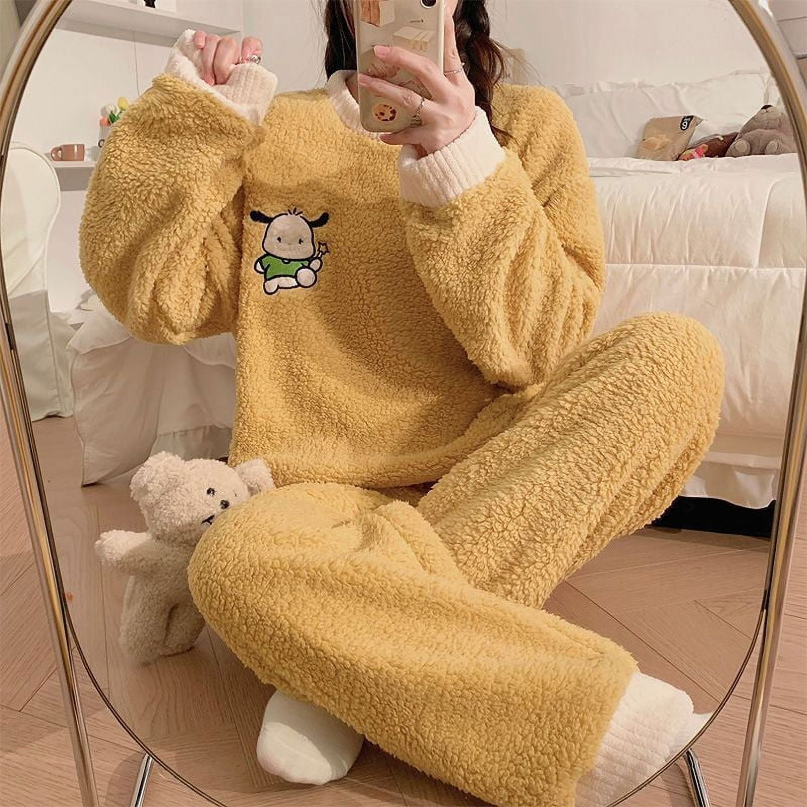 Sanrio Hello Kitty New Pink Pajamas Set Women Winter Coral Plush Thick ...