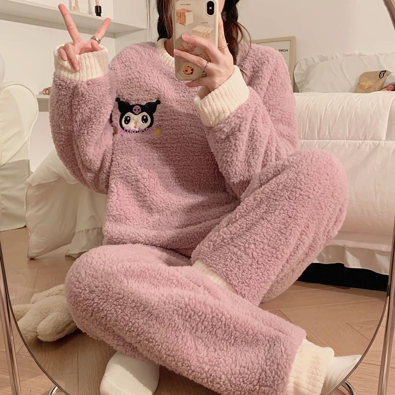 Sanrio Hello Kitty New Pink Pajamas Set Women Winter Coral Plush Thick