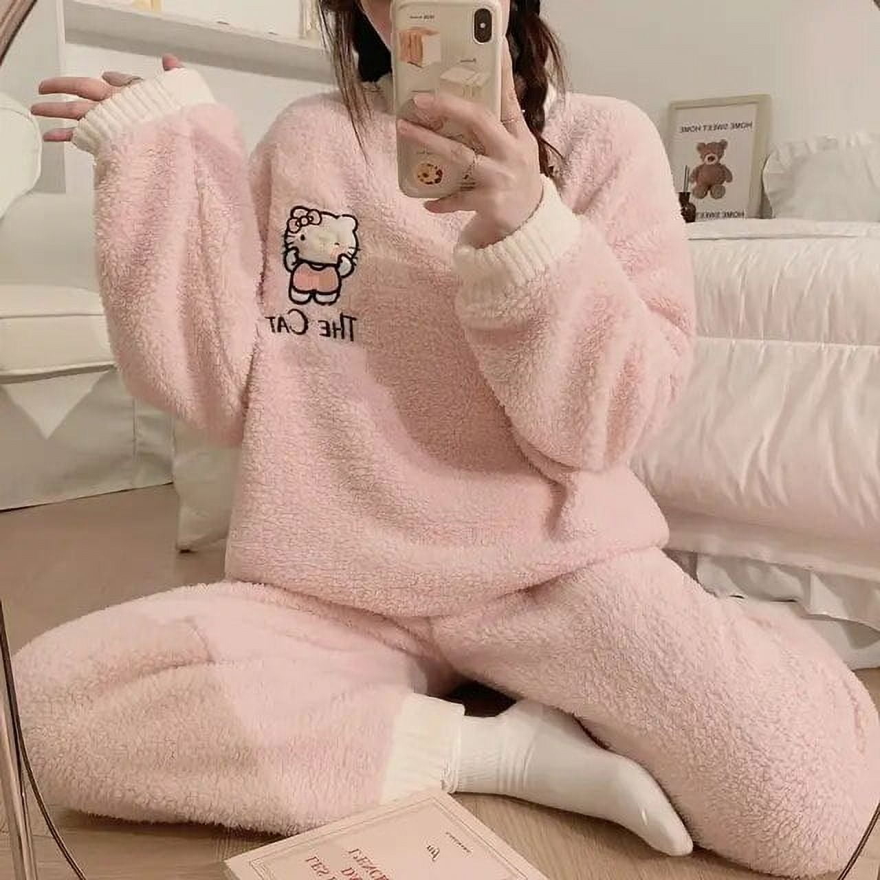 Sanrio Hello Kitty New Pink Pajamas Set Women Winter Coral Plush Thick