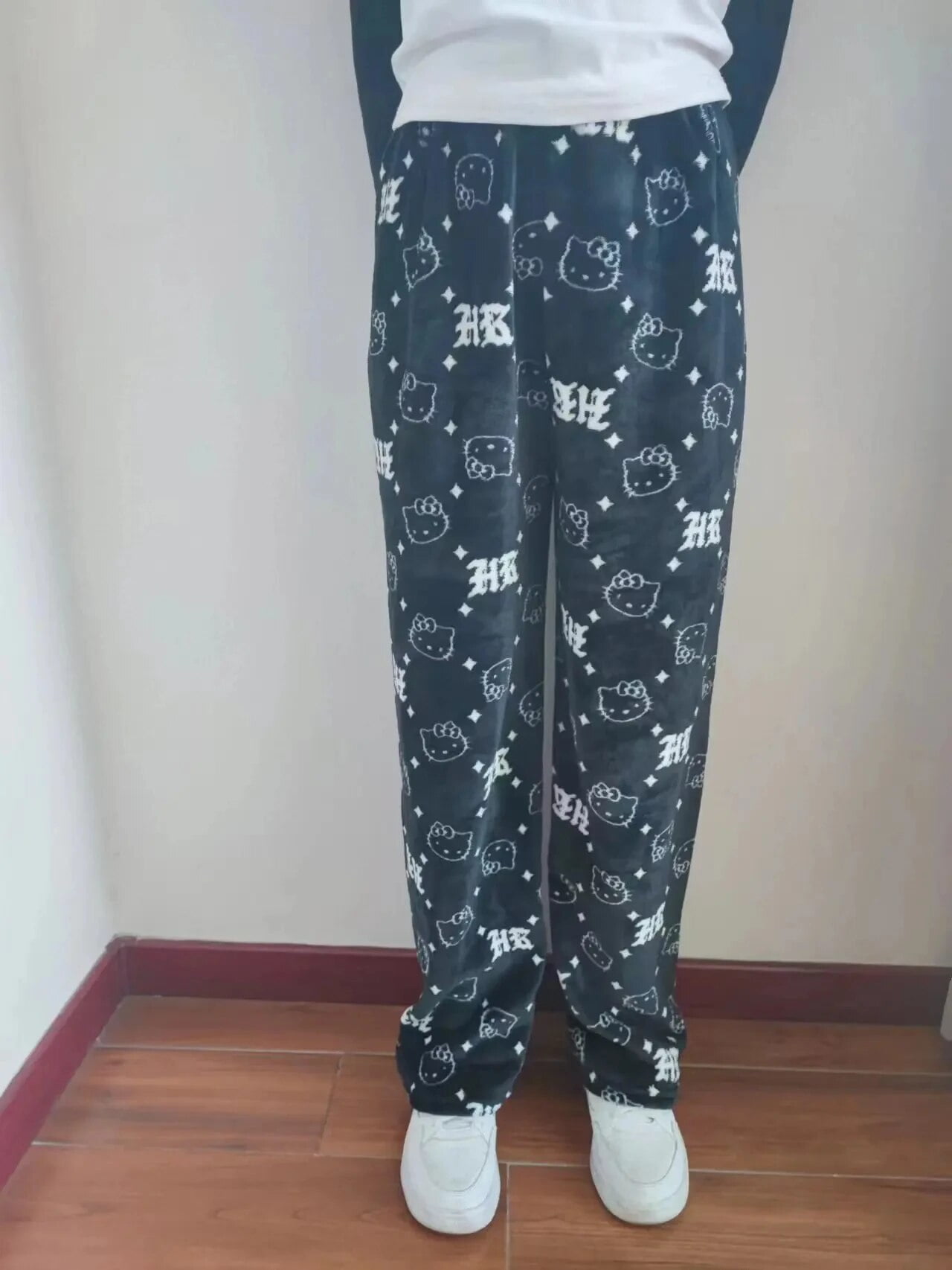 Sanrio Hello Kitty Pajamas Pants Black Pink Anime Flannel Women Warm ...