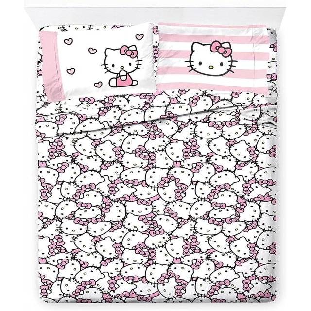 Sanrio Hello Kitty Stripes & Hearts 4 Piece Queen Size Sheet Set ...