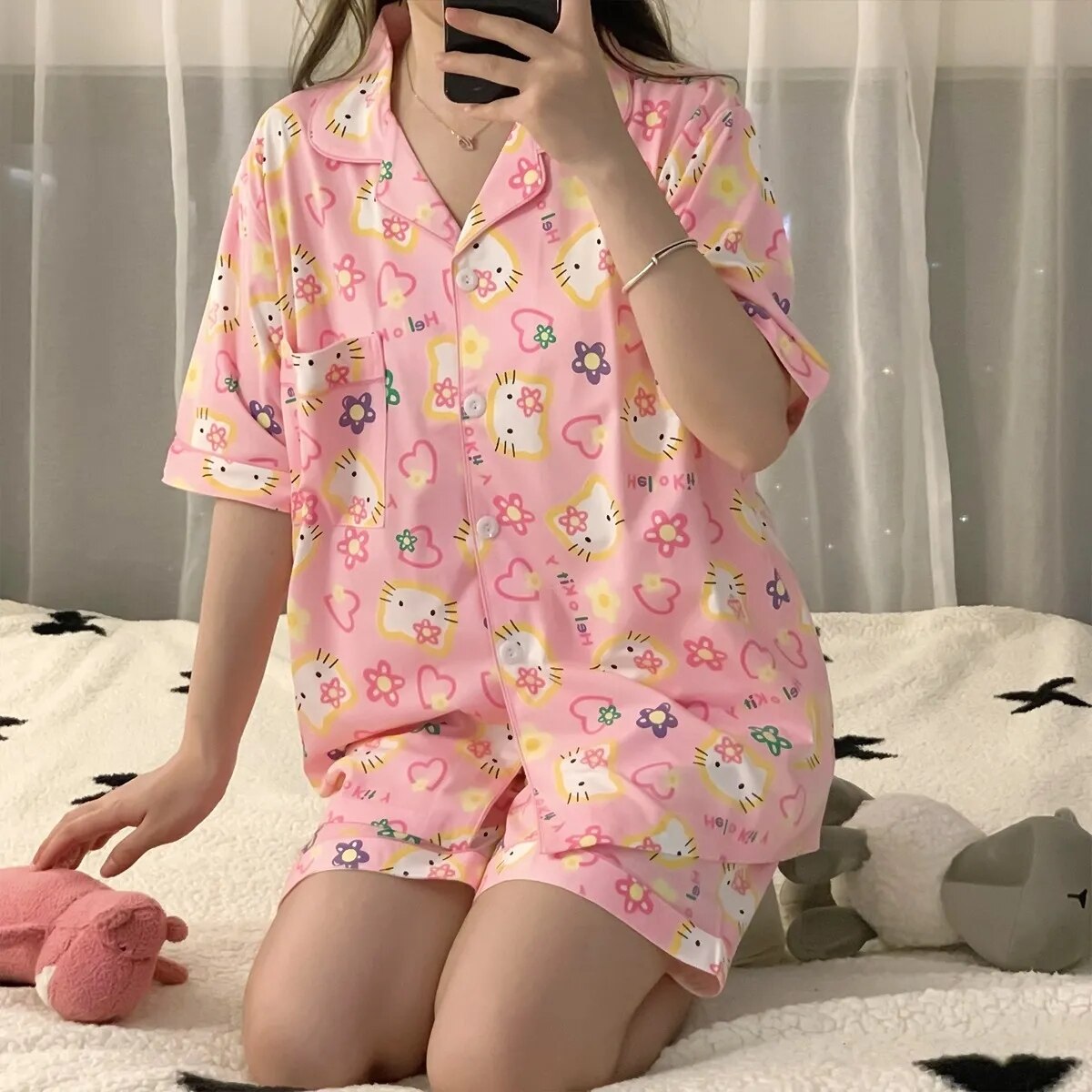 Sanrio Hello Kitty Tops Pajamas Set Short-sleeved Sleepwear Casual ...