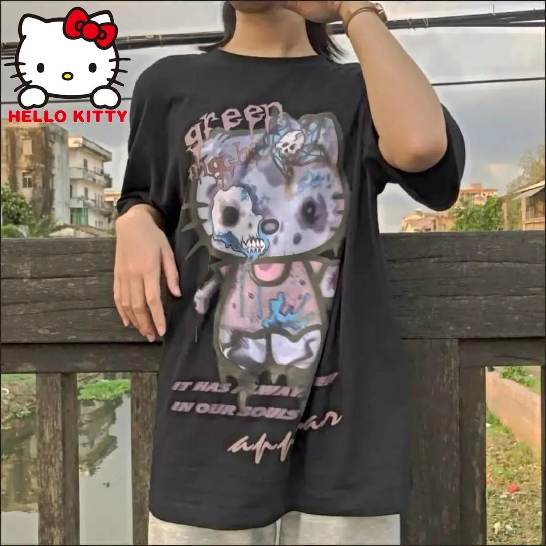 Sanrio Hello Kitty Tops Y2k Tees Streetwear Loose Blouse Harajuku Hip Hop Dark Vintage Women ...