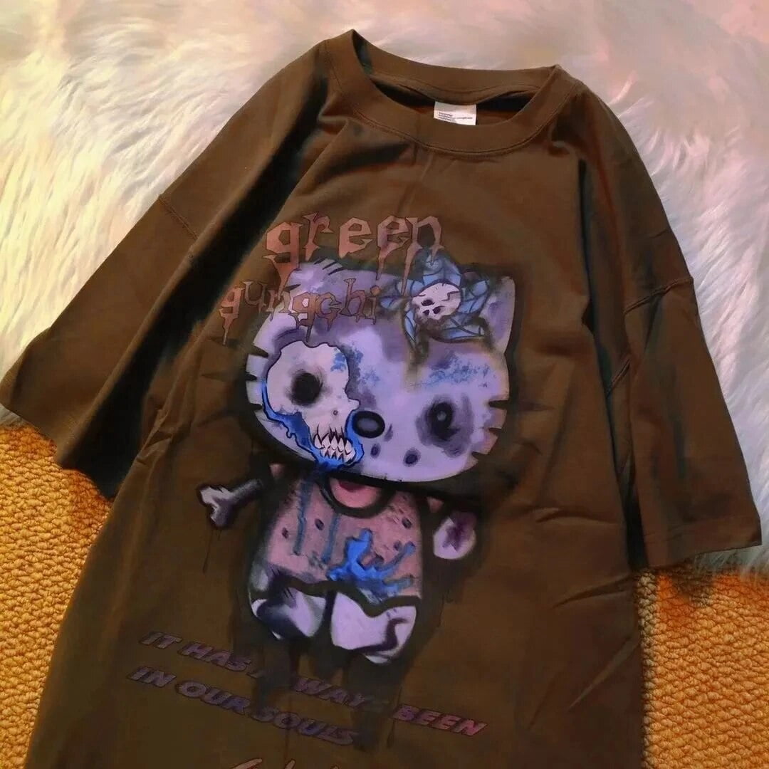 Sanrio Hello Kitty Tops Y2k Tees Streetwear Loose Blouse Harajuku Hip Hop Dark Vintage Women ...