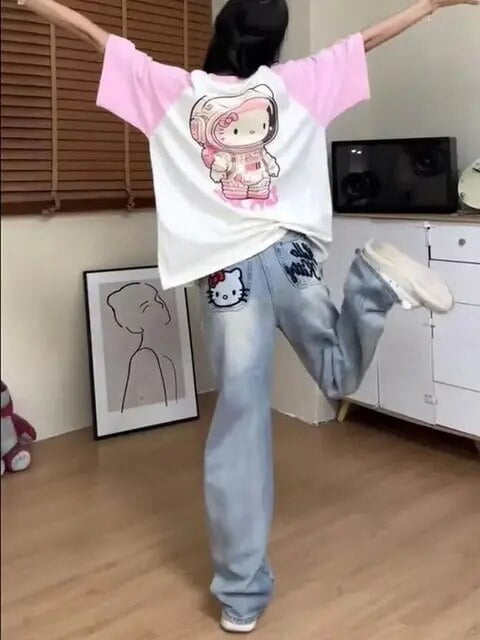 Sanrio Hello Kitty Y2K Women‘s Jeans Fashion Trend Denim Wear Street ...