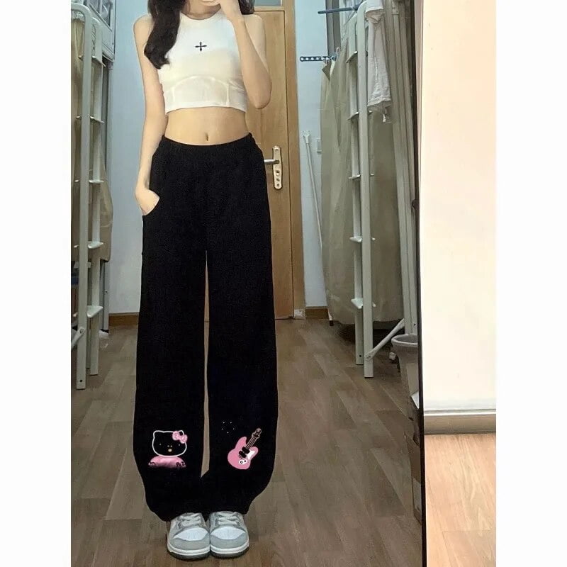 Sanrio Hello Kitty Y2k Pans Sweet and Cute Kitty Printed Black Pants ...