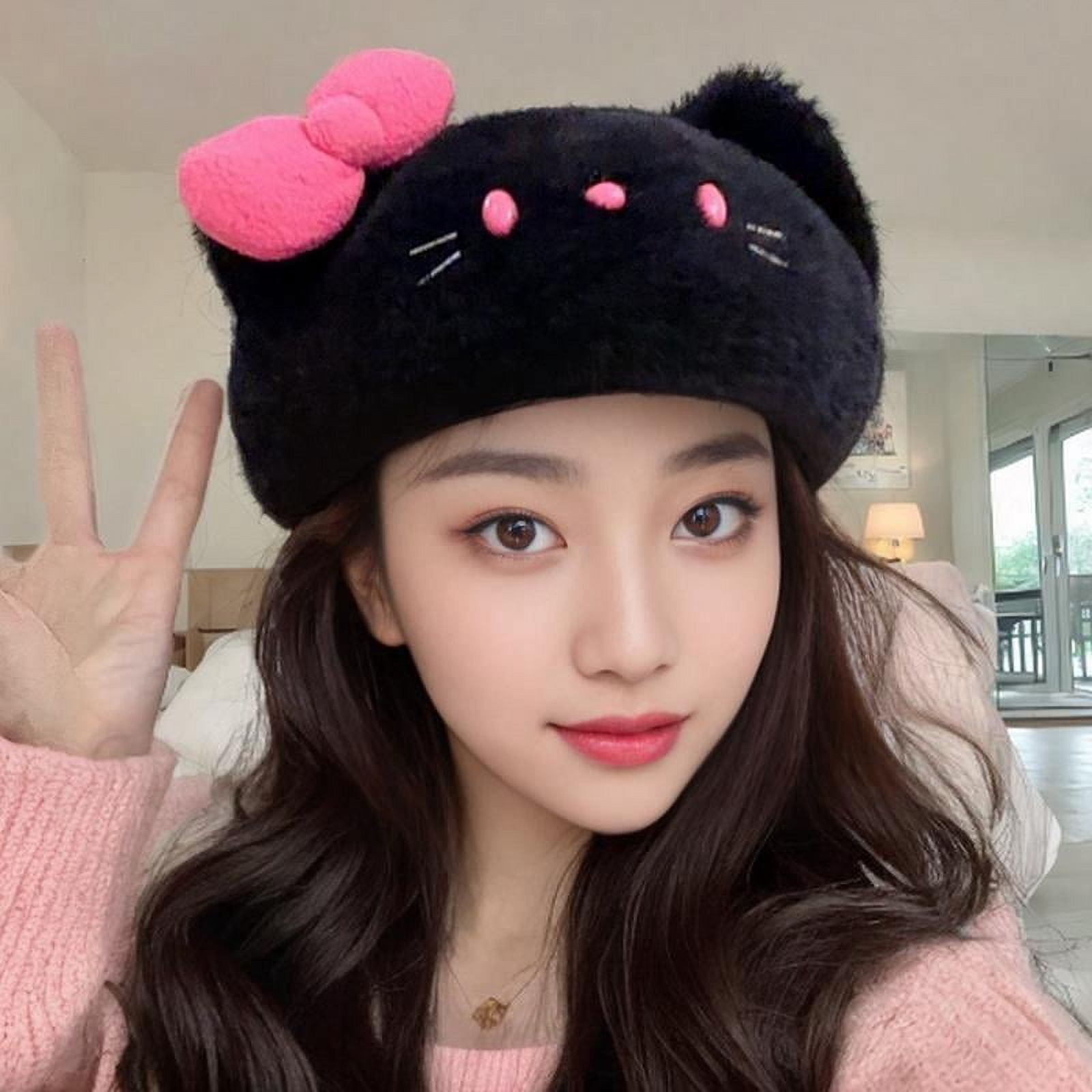 Sanrio Hellokitty Cute plush handmade knit beret for women warm and ...