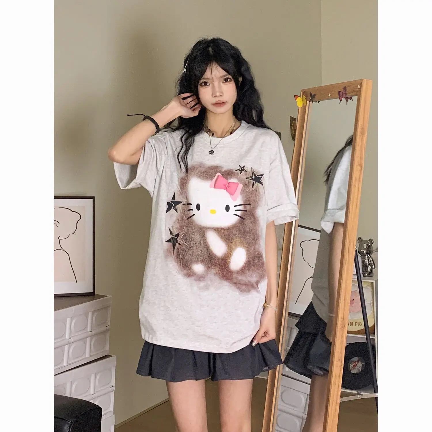 Sanrio Hip Hop Streetwear Gothic Hello Kitty Black Short Sleeve Top ...