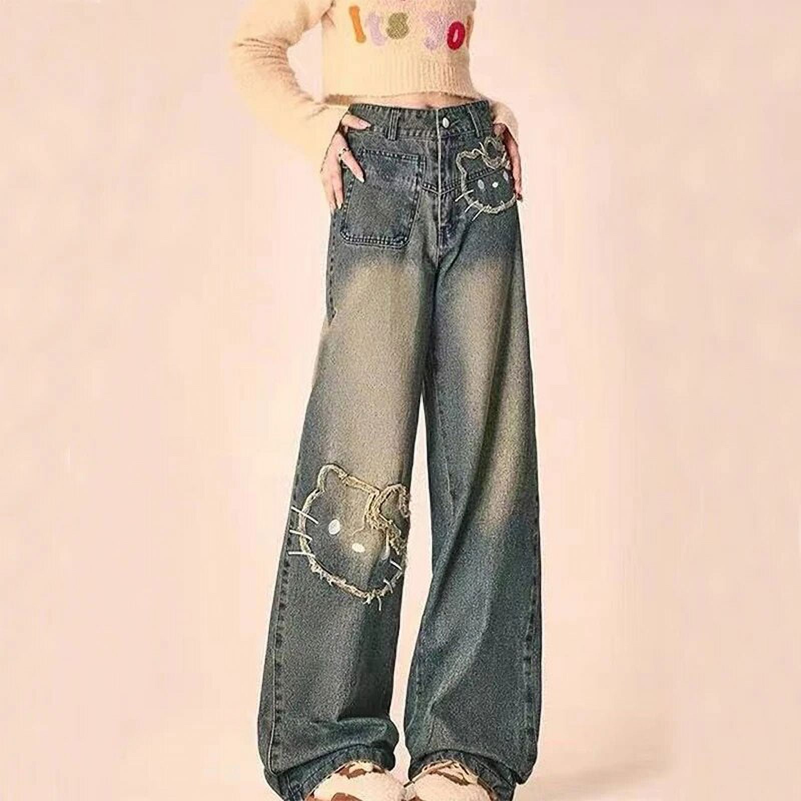Sanrio Kawaii Hello Kitty Jeans Pants Anime Cartoon Cute Girls New ...