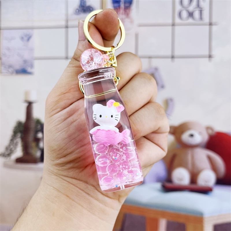 Sanrio Kawaii Hello Kitty Keychain Acrylic Mermaid Quicksand Bottle Key ...
