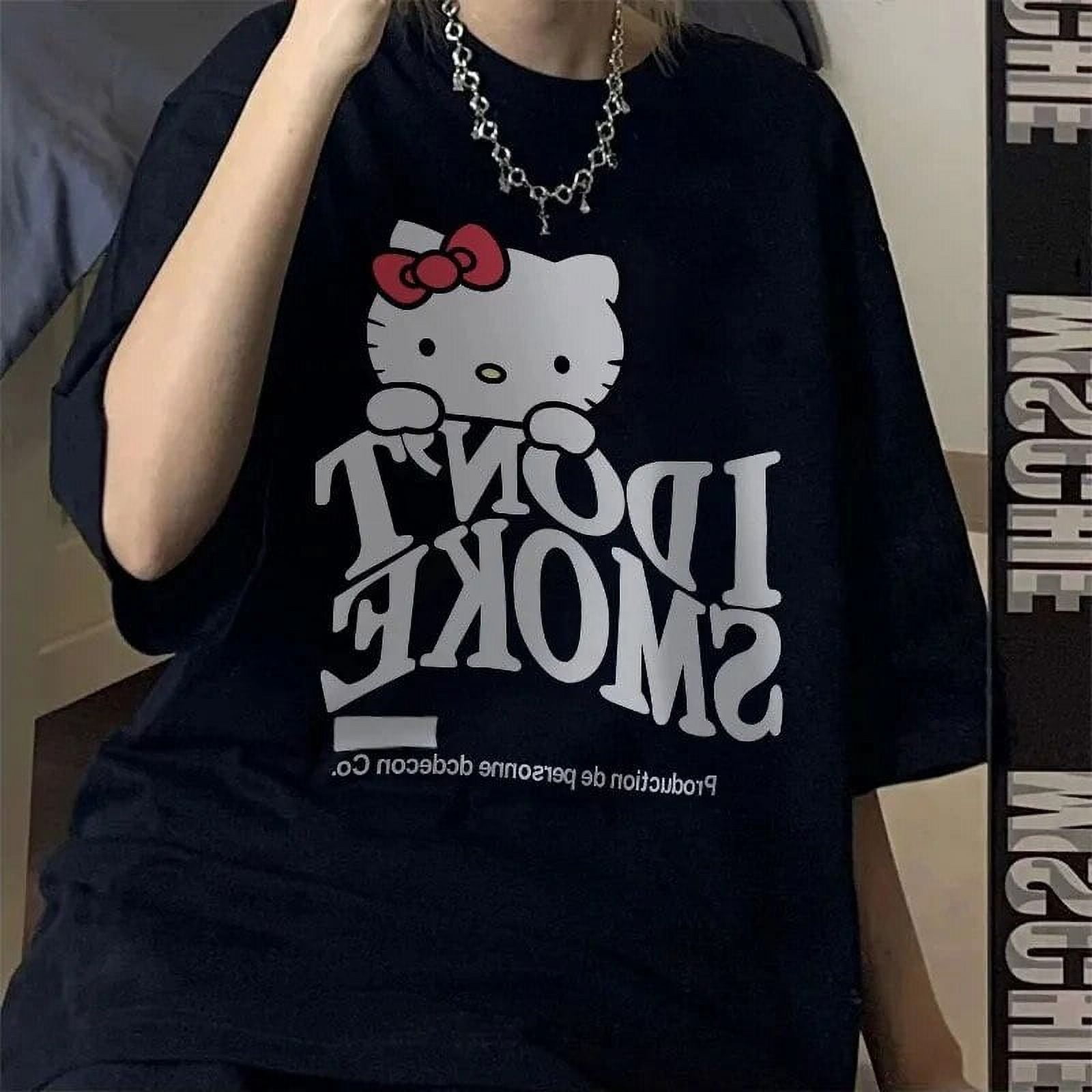 Sanrio Kawaii Hello Kitty Y2k Tee Design Black Tops Bone Print Short ...