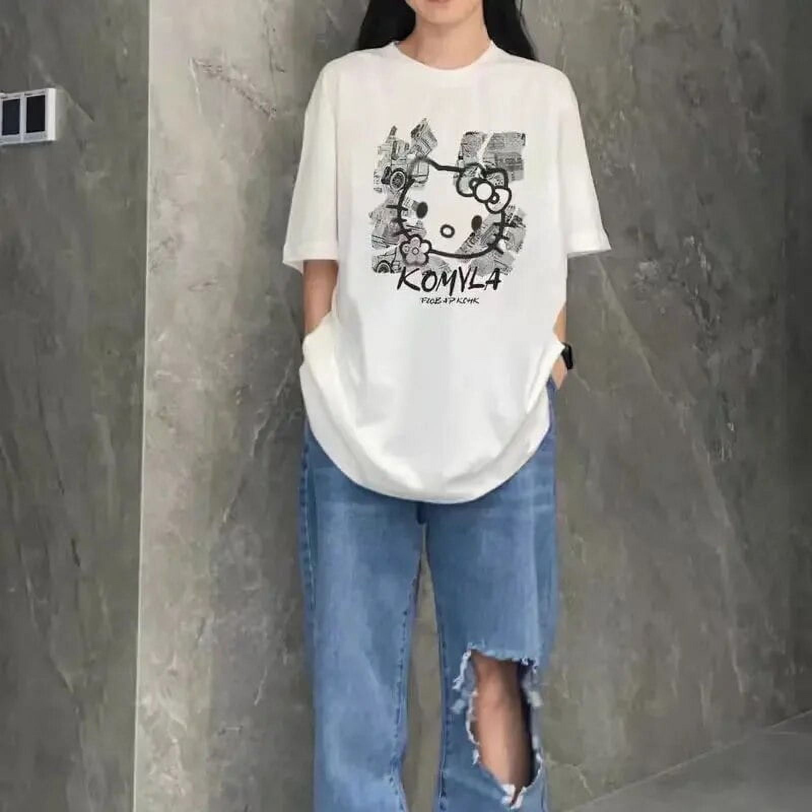 Sanrio Kawaii Hello Kitty Y2k Tee Design Black Tops Bone Print Short ...