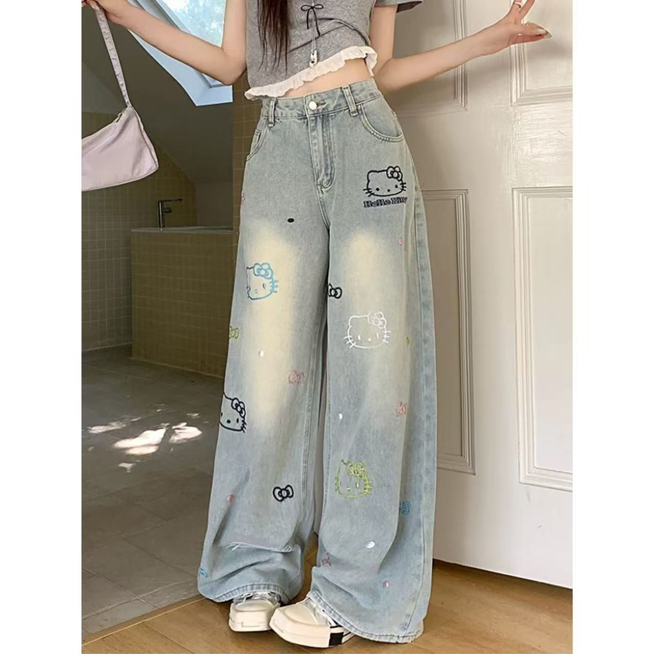 Sanrio Kawaii Jeans Cute Little Girl Wide-Leg Pants High Waist New ...