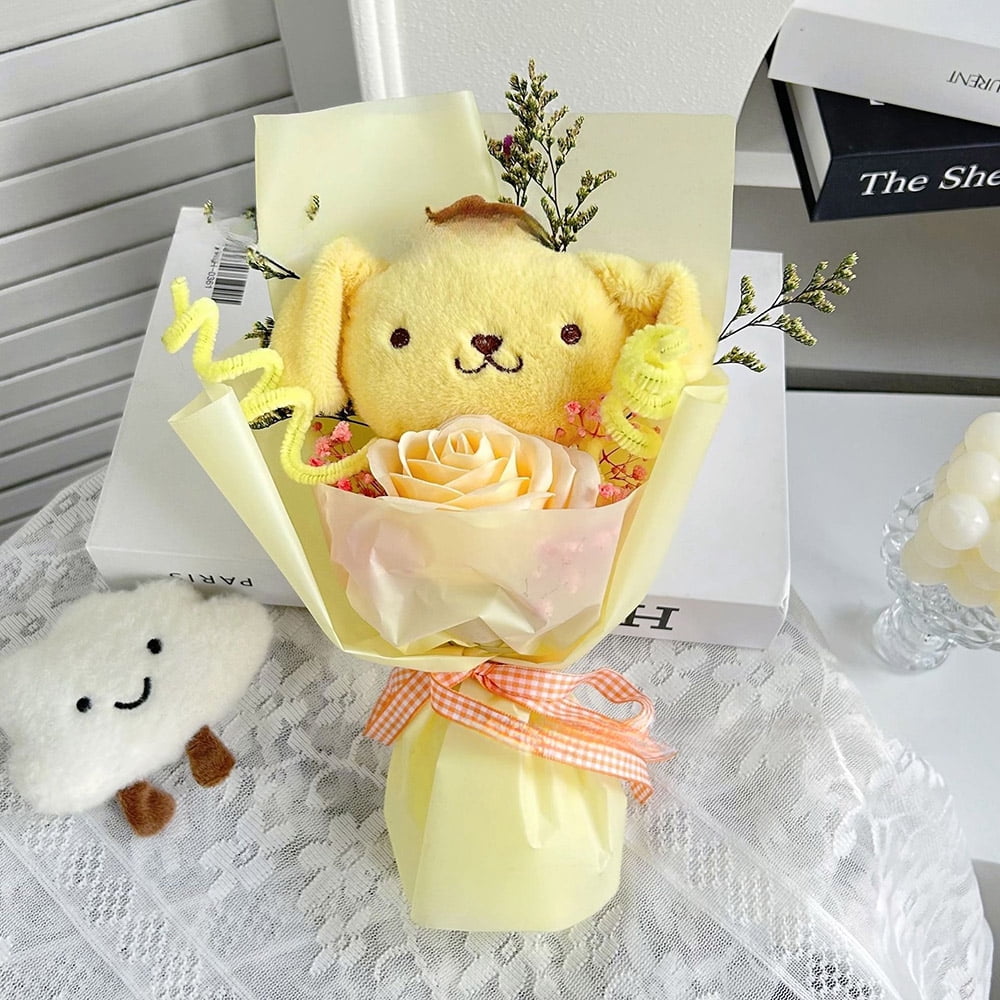 Sanrio Kawaii Plush Doll Rose Soap Flowers Bouquet Cinnamoroll Pochacco ...