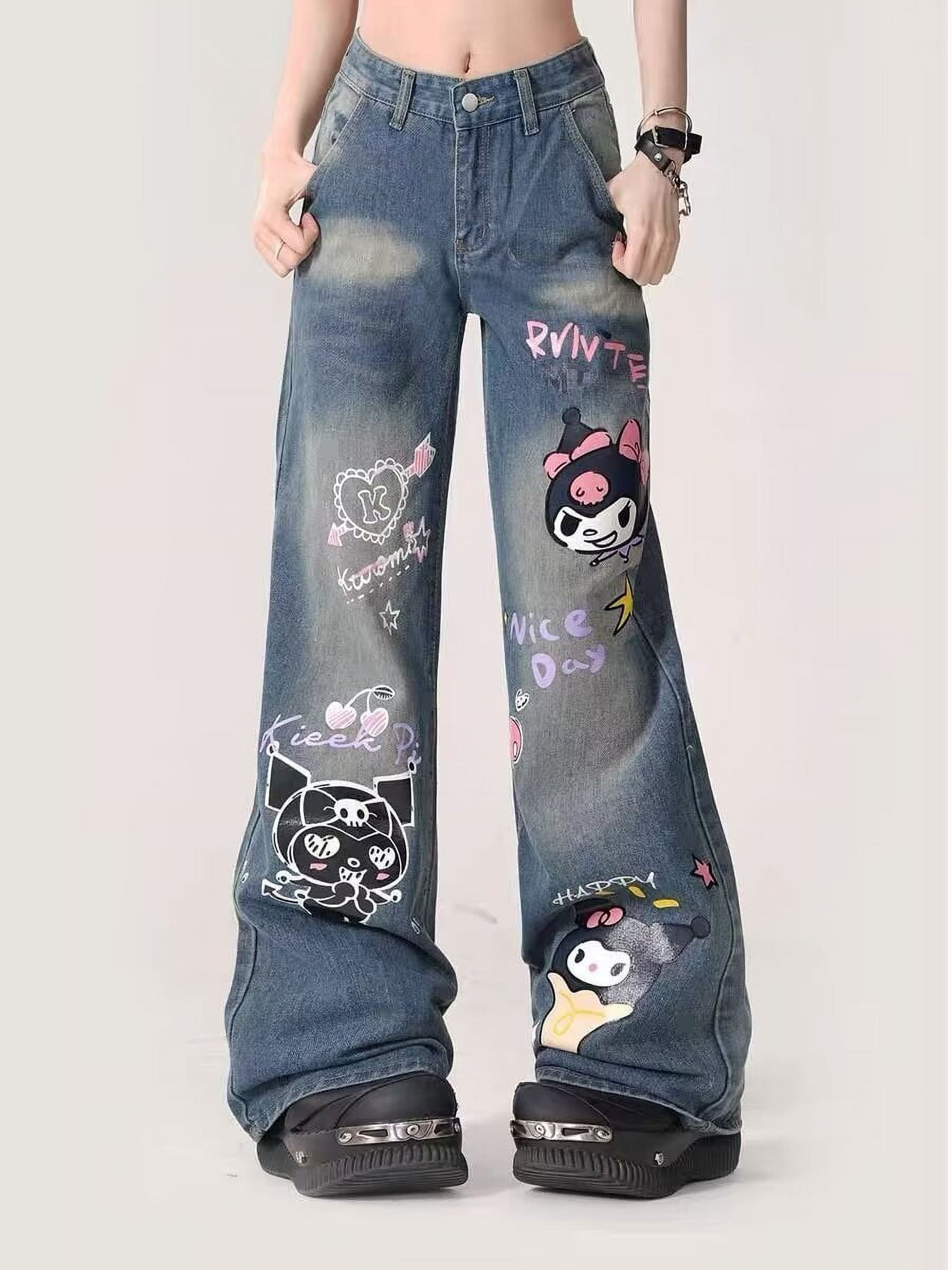 Sanrio Kurome Cute Cartoon Graffiti Jeans Print Design Girls Pants ...