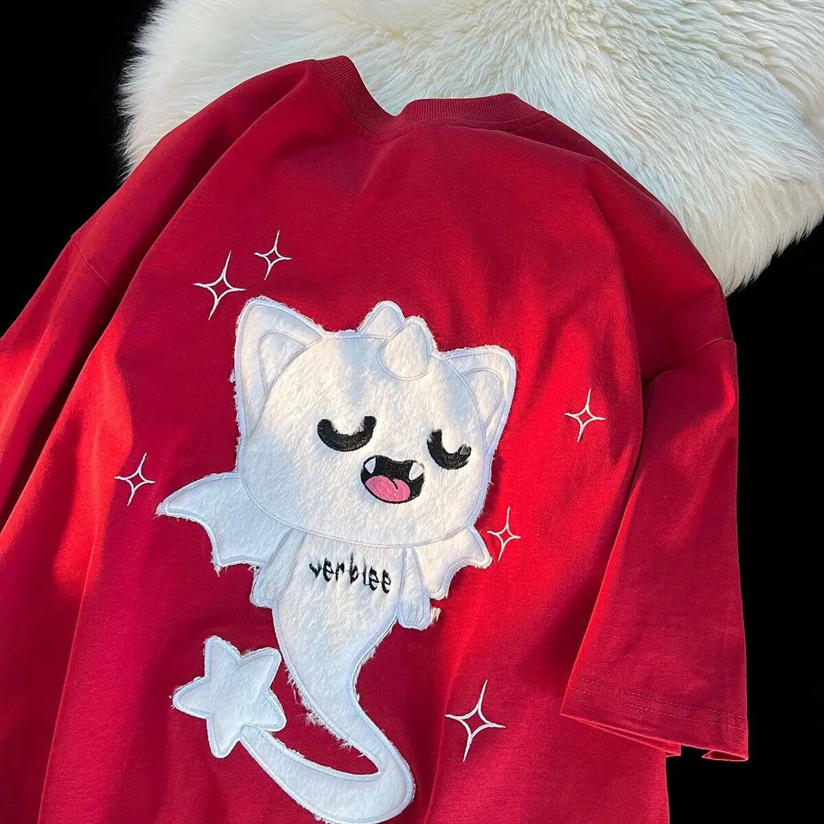 Sanrio Kuromi 100% Cotton T-Shirt Ghost Plush Embroidery T Shirts Short ...