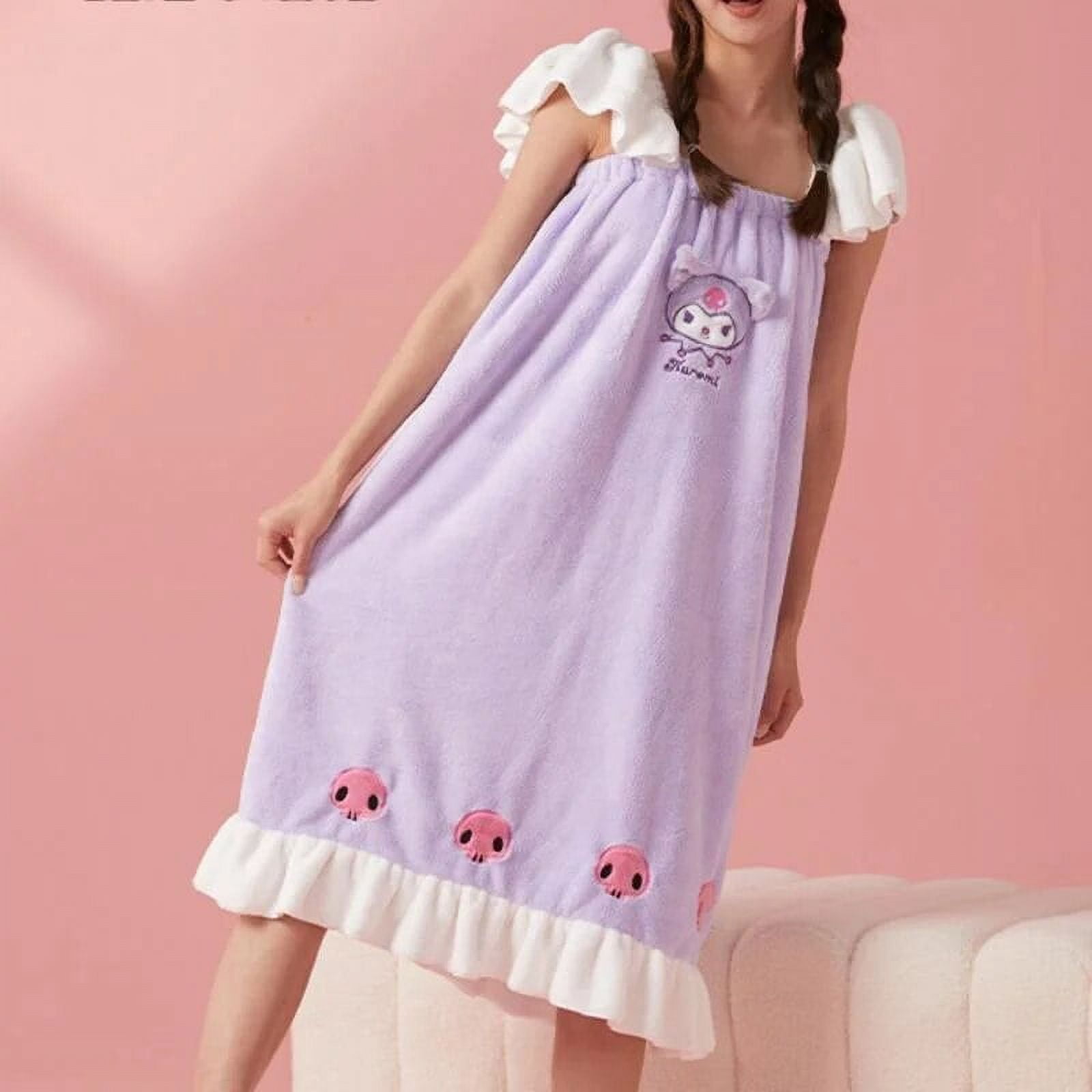 Sanrio Kuromi Fluffy Plush Cotton Embroid Nightgowns for Women Casual ...