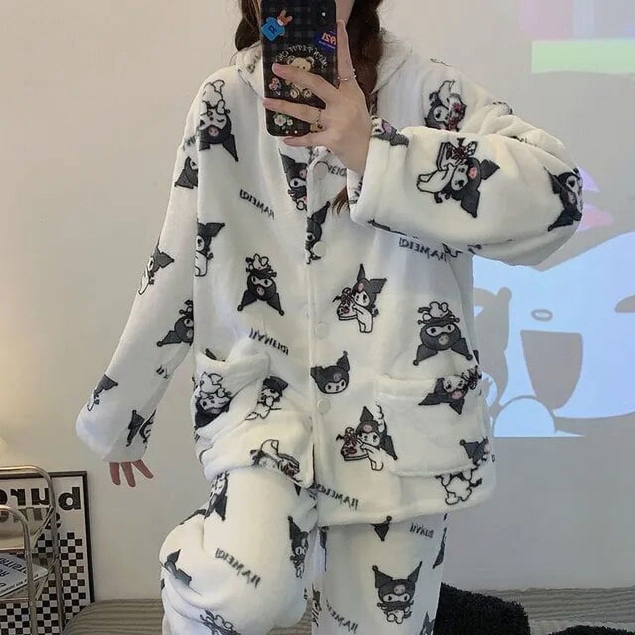 Sanrio Kuromi Kawaii Pajamas Y2k Anime Cartoon Black White Home Clothes ...