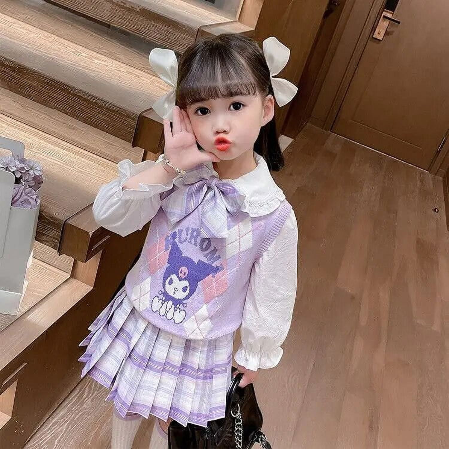 Sanrio Kuromi My Melody Girls Dress Cartoon Checkered Skirt Anime Long ...