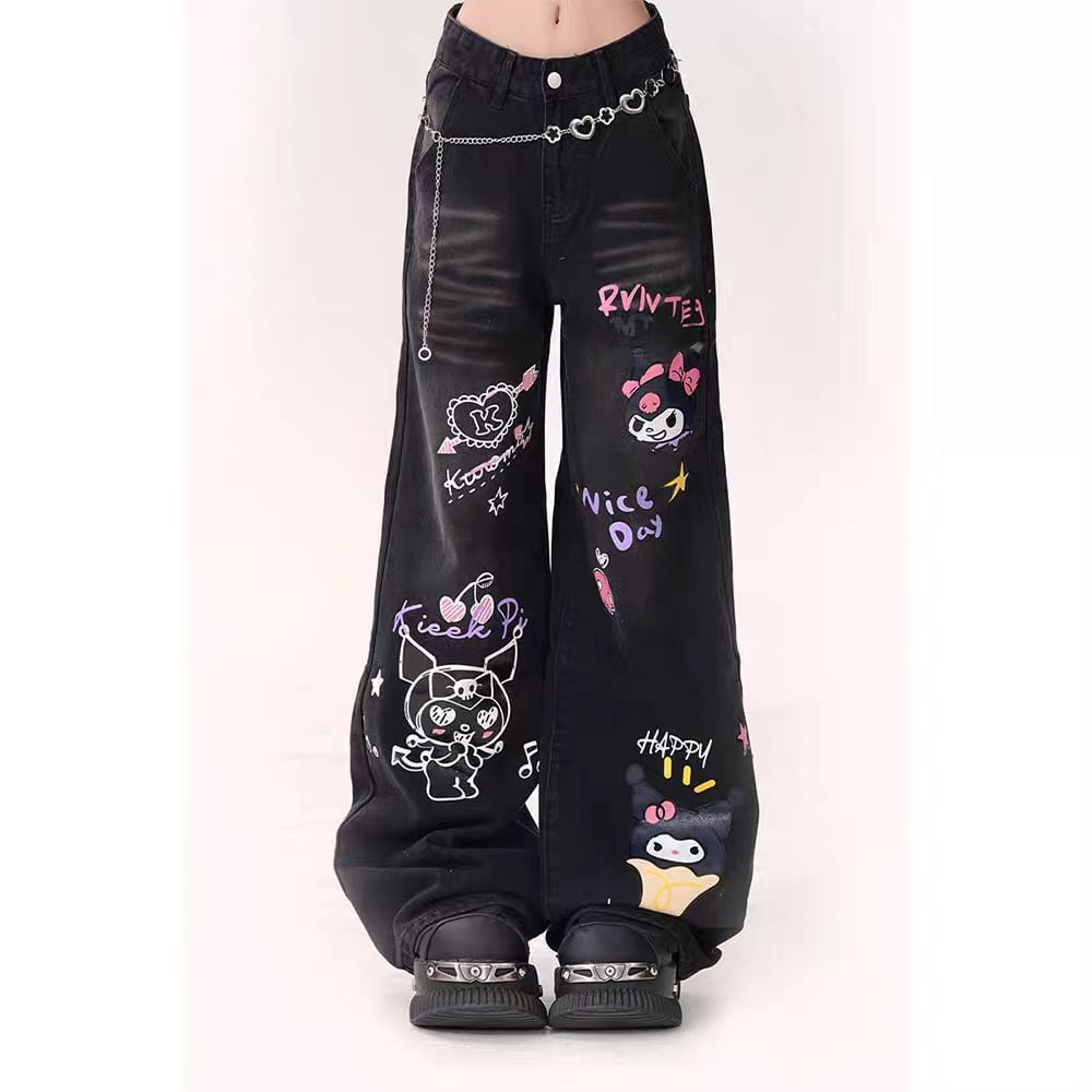 Sanrio Kuromi Printed Micro Flared Jeans Korean Streetwear Loose ...