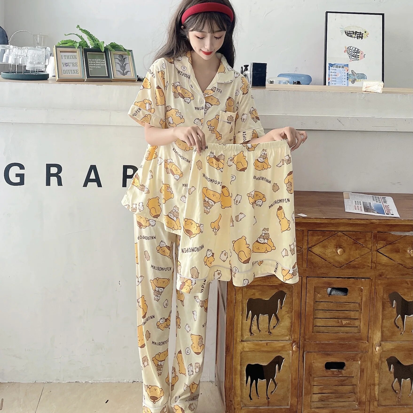 Sanrio Pajamas Set Short Sleeve Long Pants Kawaii Cartoon Pompompurin ...