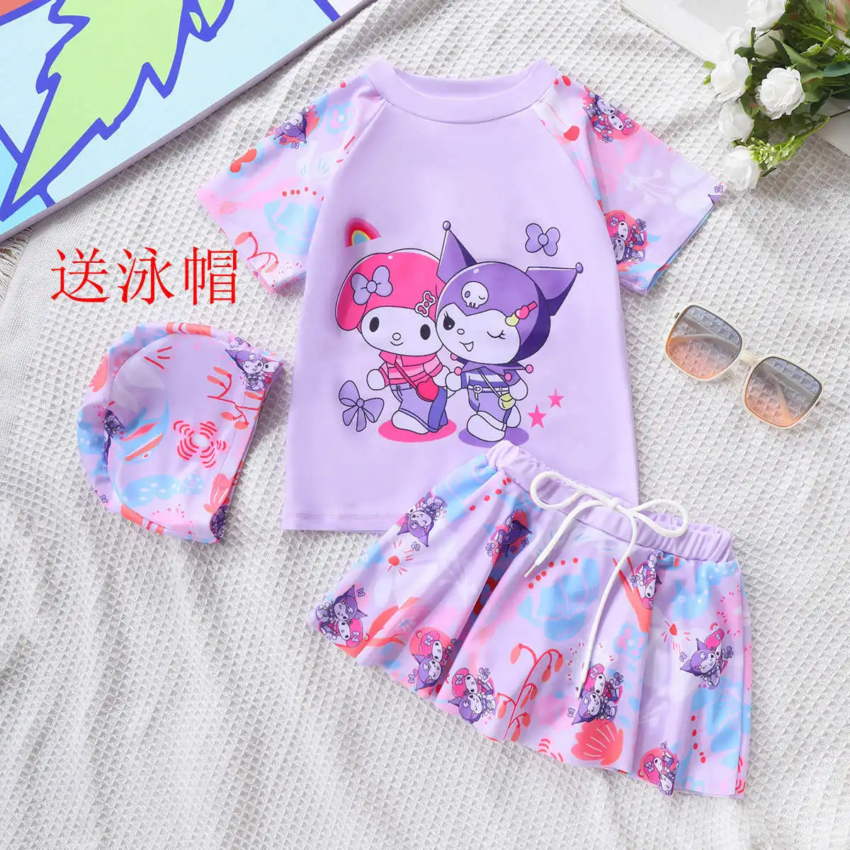 Sanrio Rash Guard Swimwear Bathing Suit Summer Short Sleeve Kuromi ...