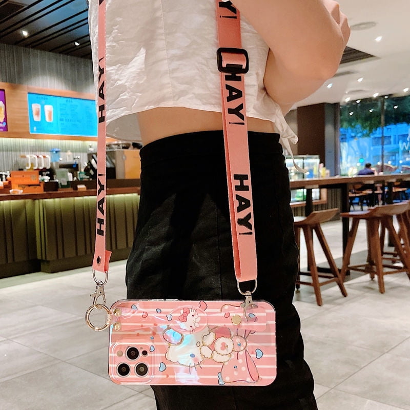 Sanrio Wrist Strap Bracket Case For iPhone 15 Pro Max 14 12 13 11 Cute Pink Heart Love Hello ...