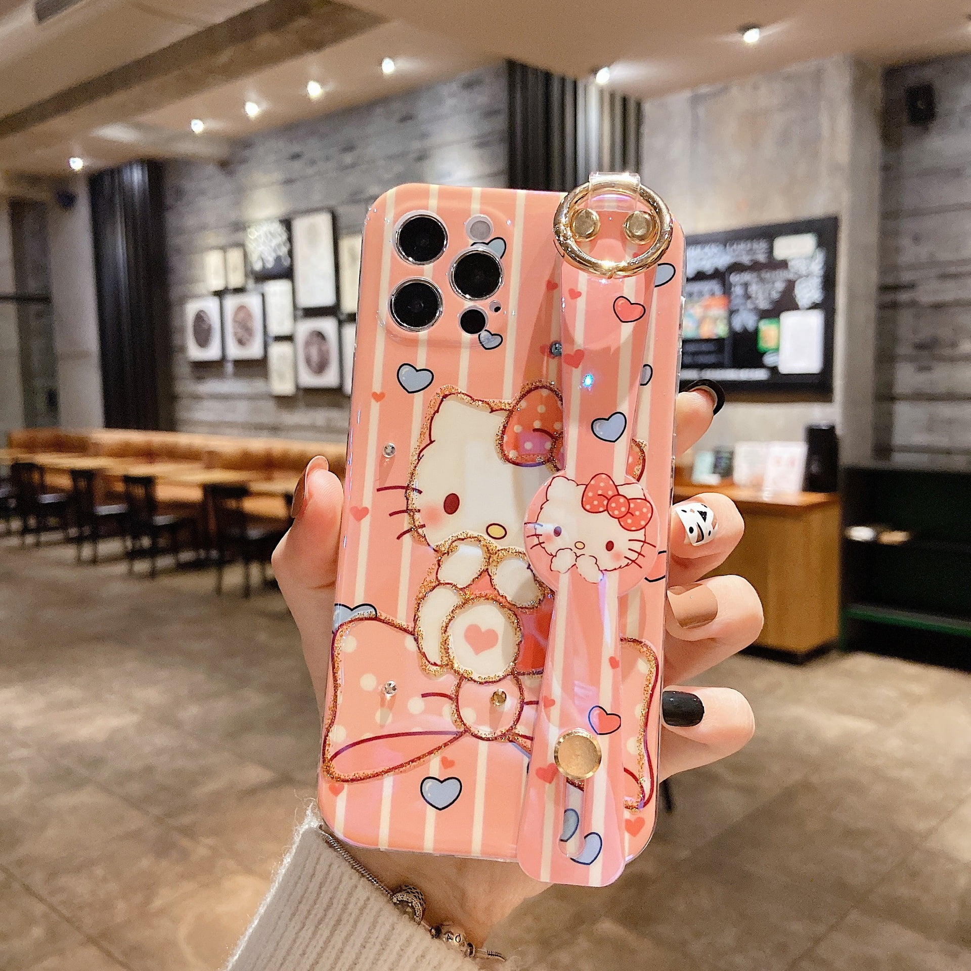 Sanrio Wrist Strap Bracket Case For iPhone 15 Pro Max 14 12 13 11 Cute Pink Heart Love Hello ...
