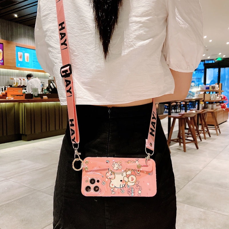 Sanrio Wrist Strap Bracket Case For iPhone 15 Pro Max 14 12 13 11 Cute Pink Heart Love Hello ...
