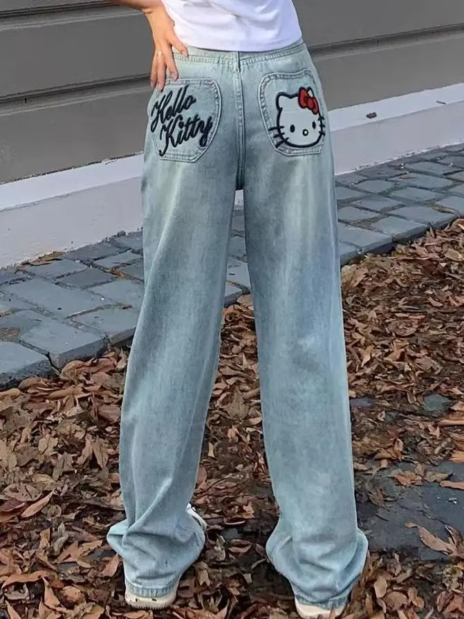 Sanrio Y2k Hello Kitty Jeans Trend Anime Kawaii Kt Wide Leg Pants Loose ...